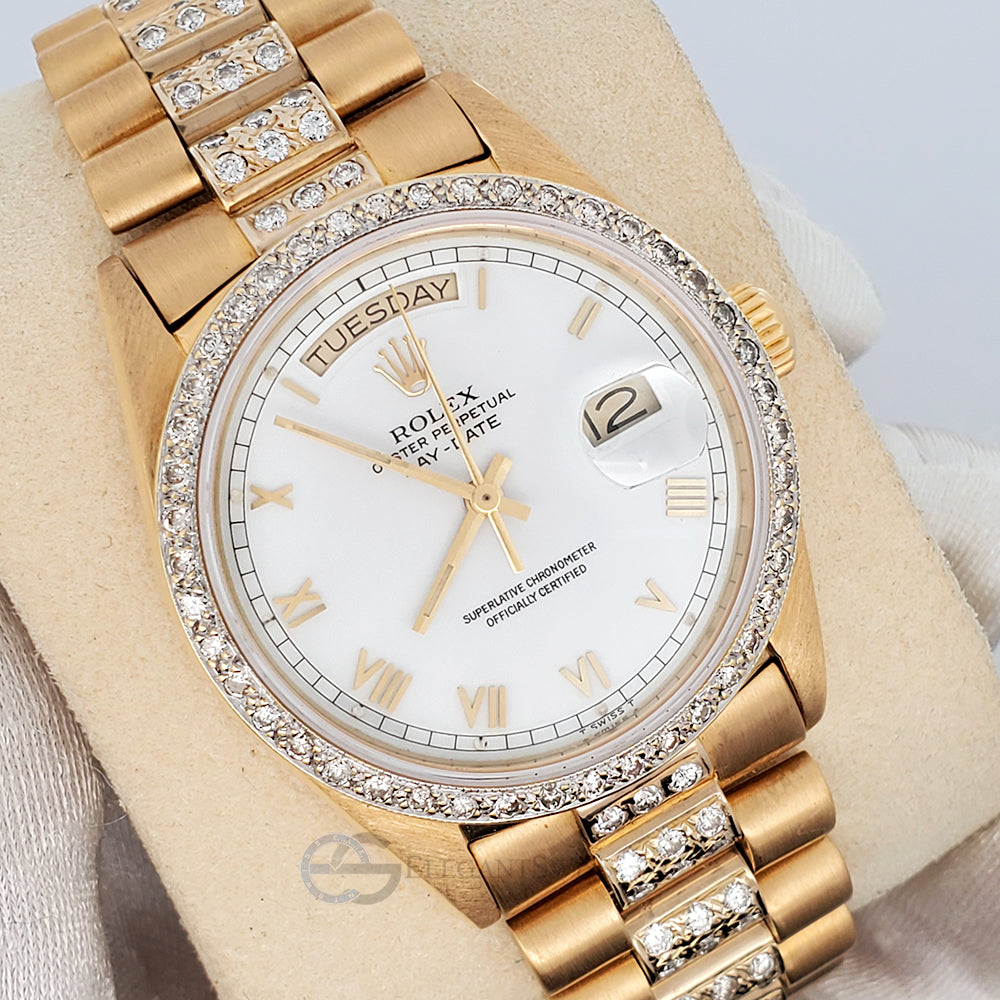 Rolex President Day-Date 36mm Diamond Bezel/Lugs/White Roman Dial Yell