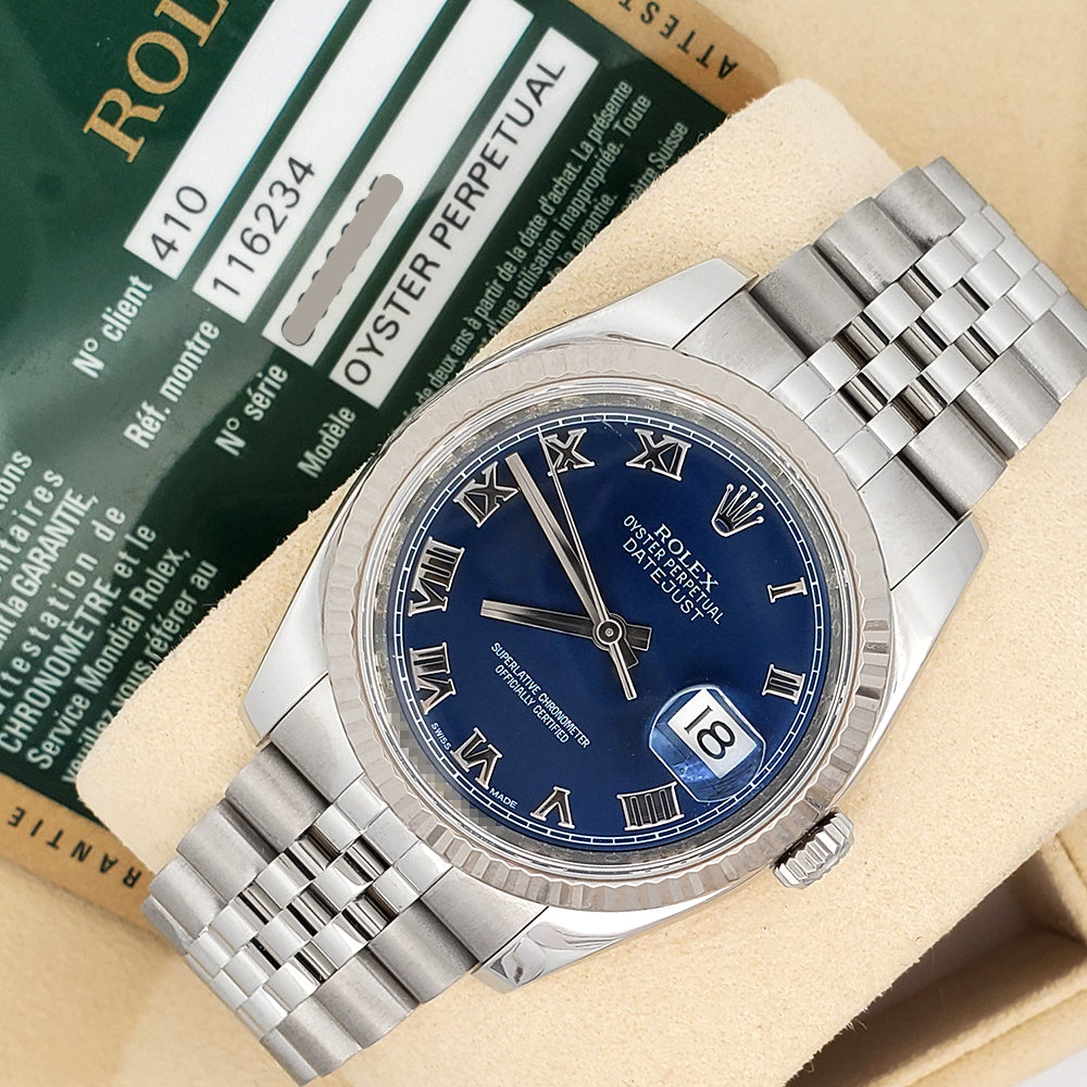 Shop Rolex Datejust 36mm Blue Roman White Gold Watch - 116234