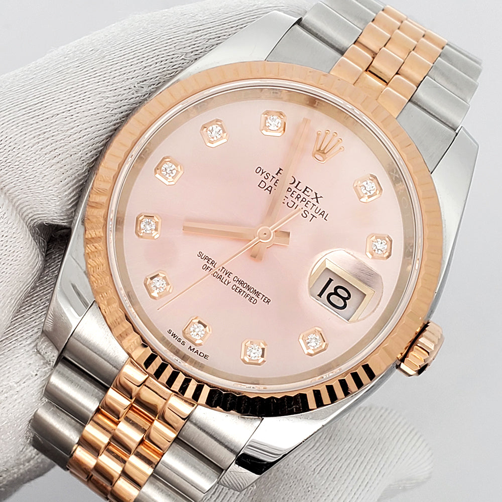 Rolex Datejust 36mm 116231 Pink Diamond Dial Fluted Jubilee 2-Tone Ros