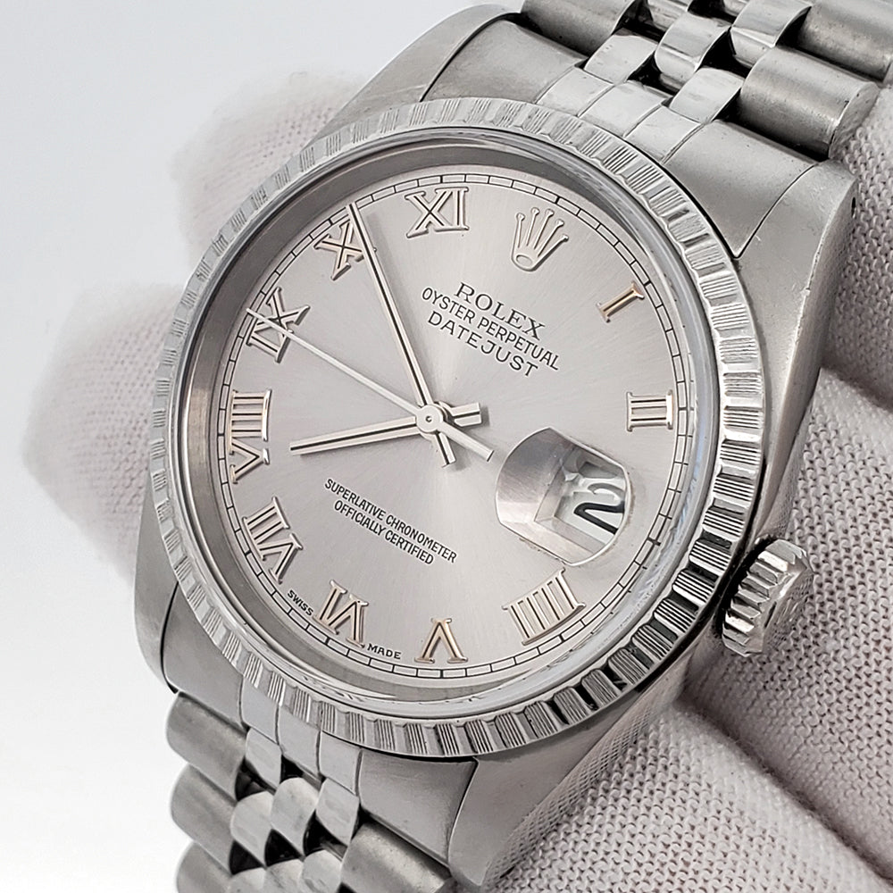 Rolex Datejust Silver Roman Engine Turned Bezel Steel Jubilee Watch 16