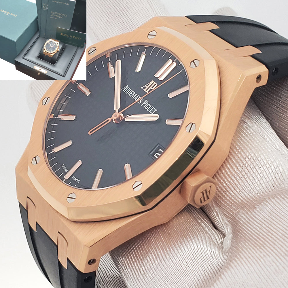 Mint AP Royal Oak 41mm Rose Gold Black Dial Watch 15500OR