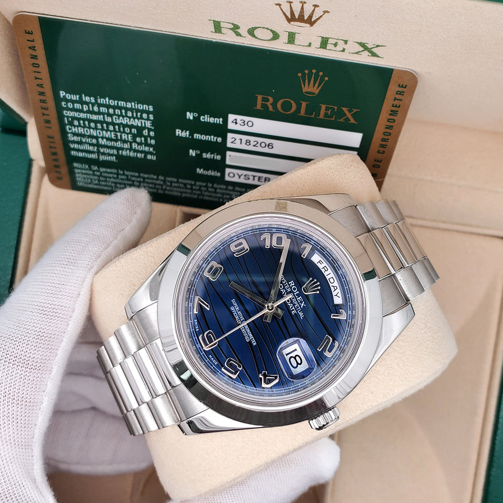Rolex President Day-Date II 41mm Blue Wave Arabic Dial Platinum Watch