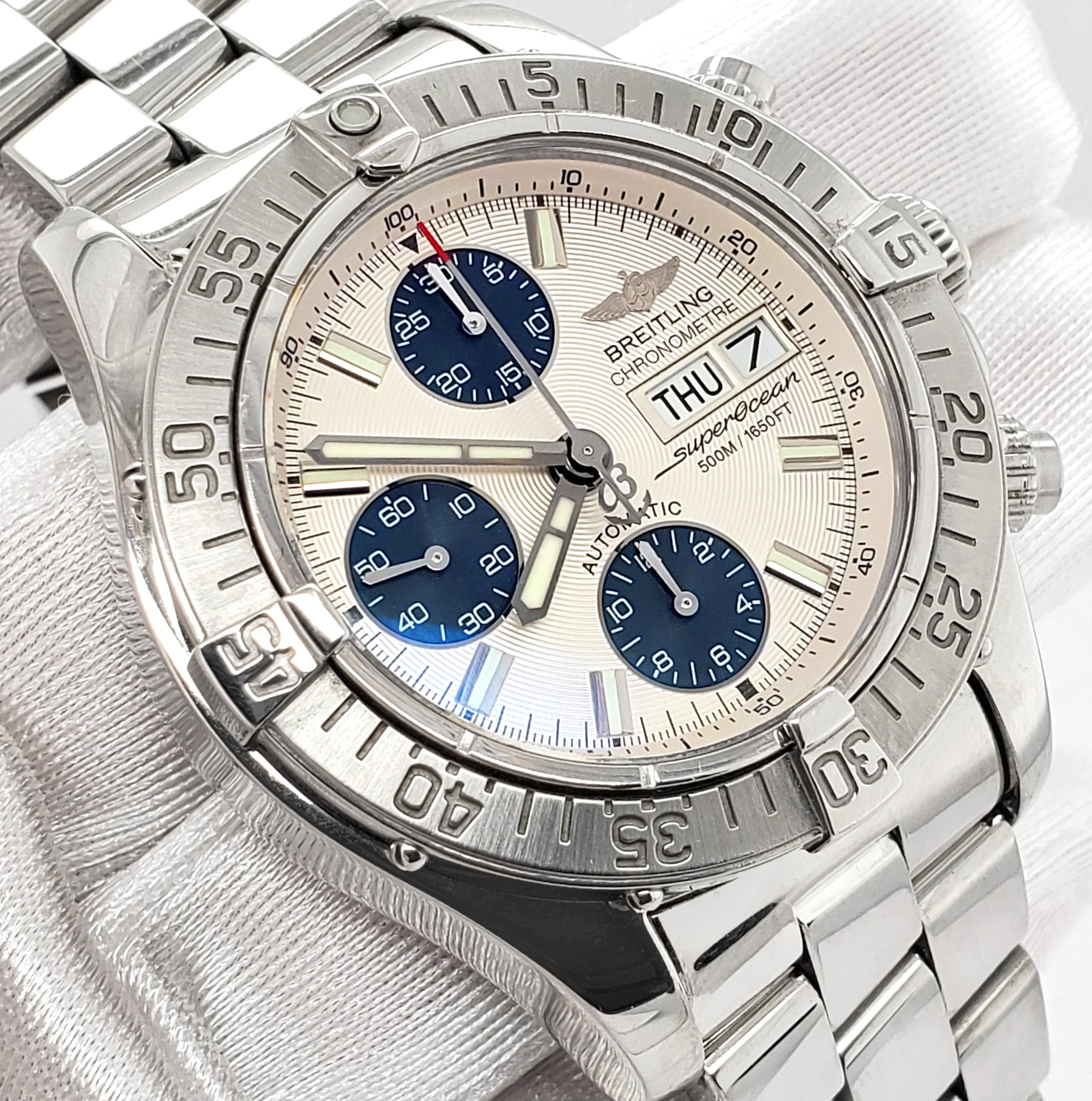 Breitling Chronometre Superocean 42MM Day Date Steel Watch with Silver
