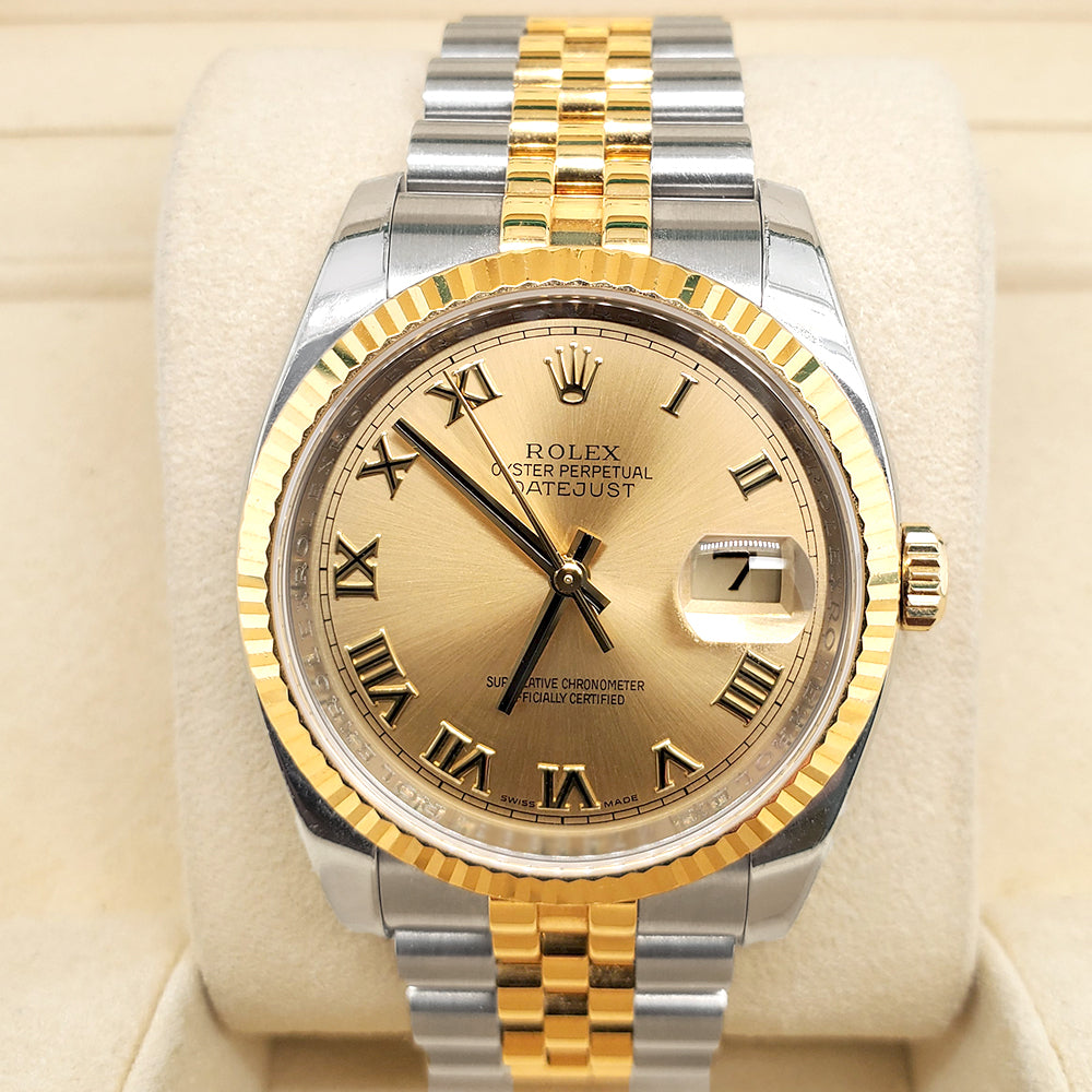 Rolex Datejust 116233 36mm 2-Tone Champagne Roman Dial Watch Box Paper