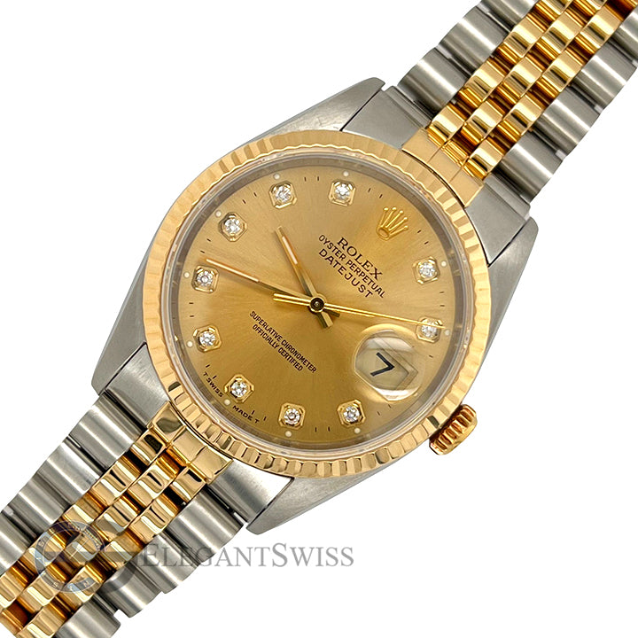 Rolex Datejust 36mm Factory Champagne Diamond Dial Yellow Gold Steel W