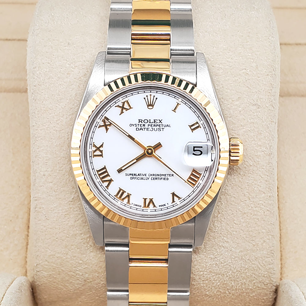 Rolex Datejust 31MM White Roman Dial Yellow Gold Fluted Bezel Watch 68