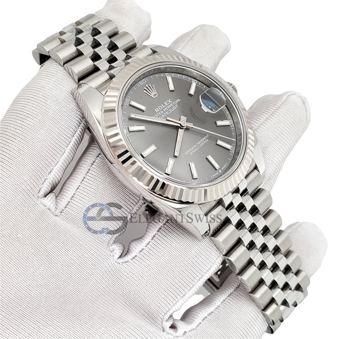 Unworn Rolex Datejust 41 126334 Gray Stick Dial White Gold Fluted Beze