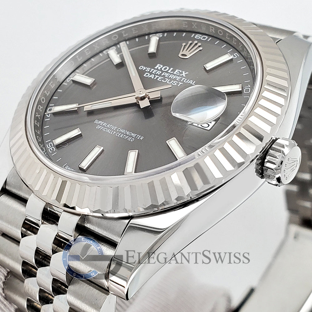 Unworn Rolex Datejust 41 126334 Gray Stick Dial White Gold Fluted Beze