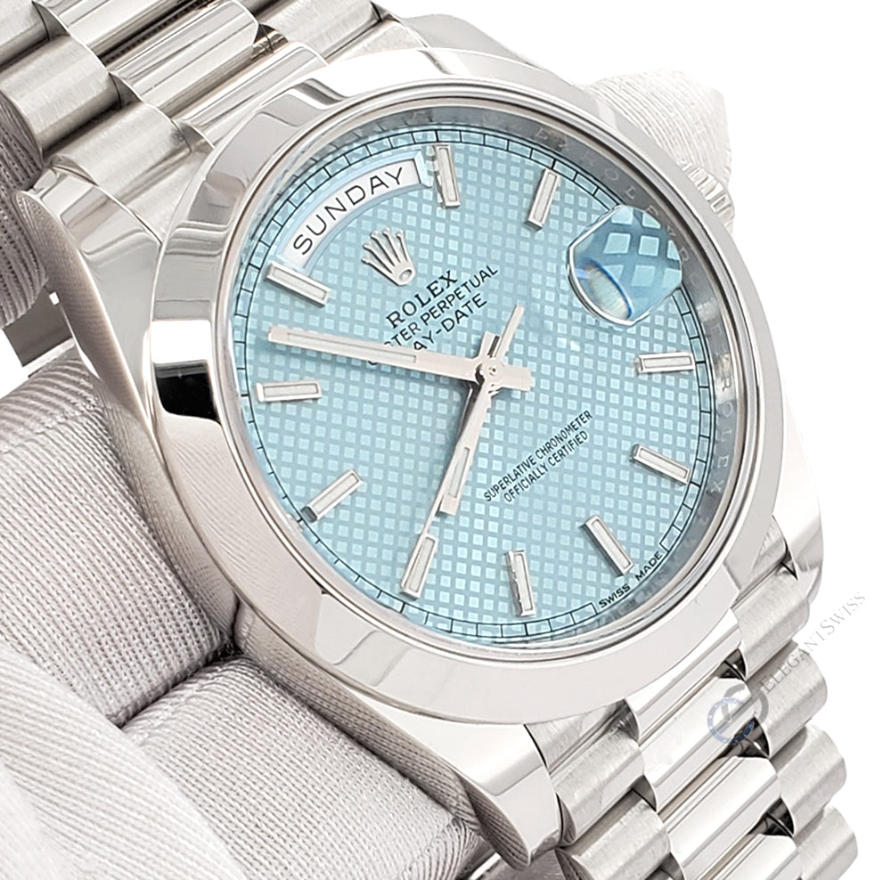 Rolex President Day-Date 228206 40mm Ice Blue Diagonal Motif Index Dia